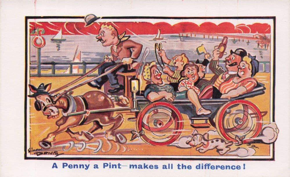 Penny Coin For A Pint Of Beer Racing Cart Transport Old Comic Postcard