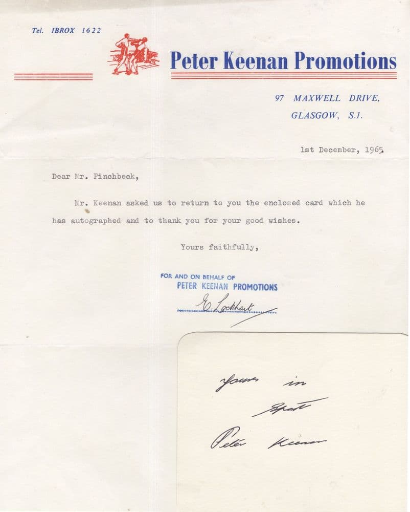 Peter Keenan Scottish Boxer 1965 Hand Signed Letter & Card