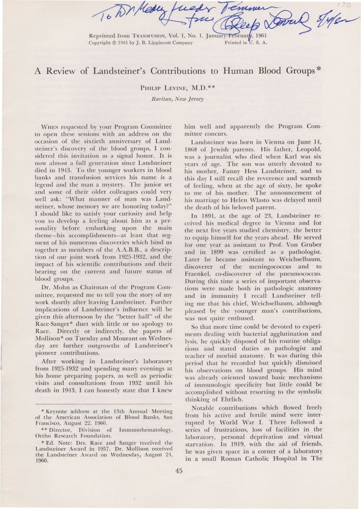 Philip Levine Blood Transfusion Scientist Hand Signed 1960s Book let