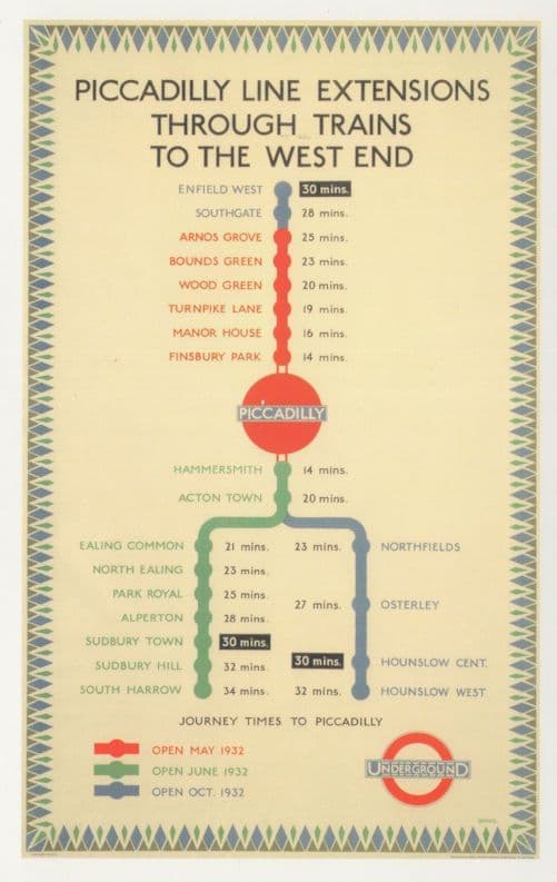 Piccadilly Line Extensions London 1930s Timetable Tube Train Postcard