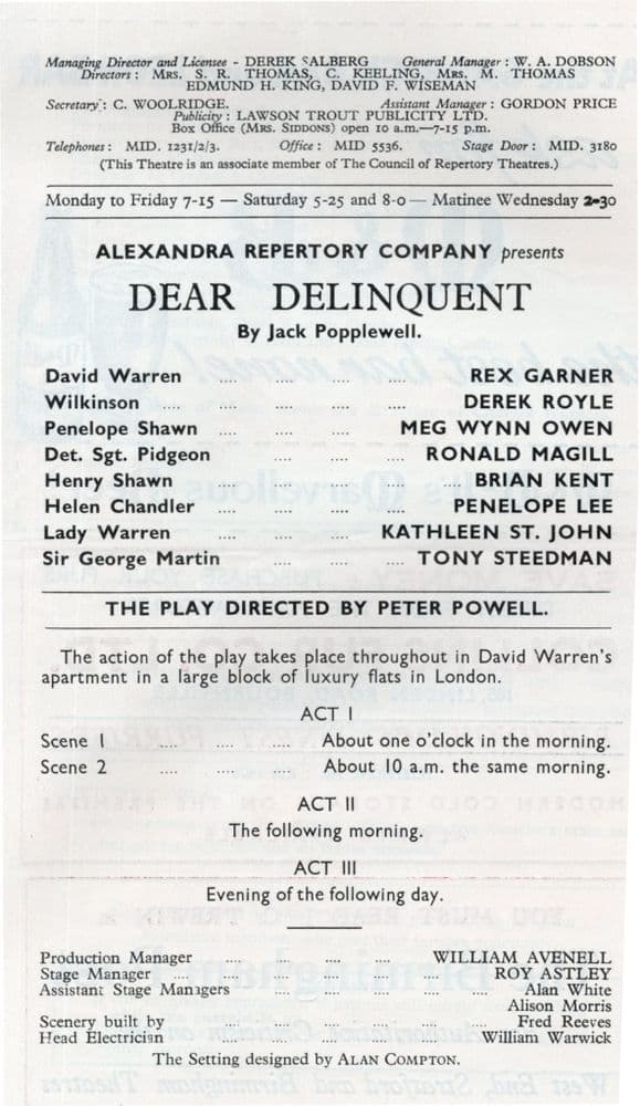 Rex Garner Dear Delinquent Birmingham 1960s Theatre Programme
