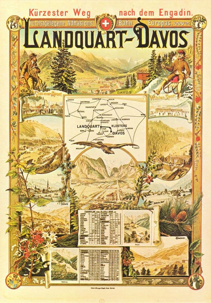 Rhatische Bahn 1890 Davos Map Swiss Timetable Poster Postcard