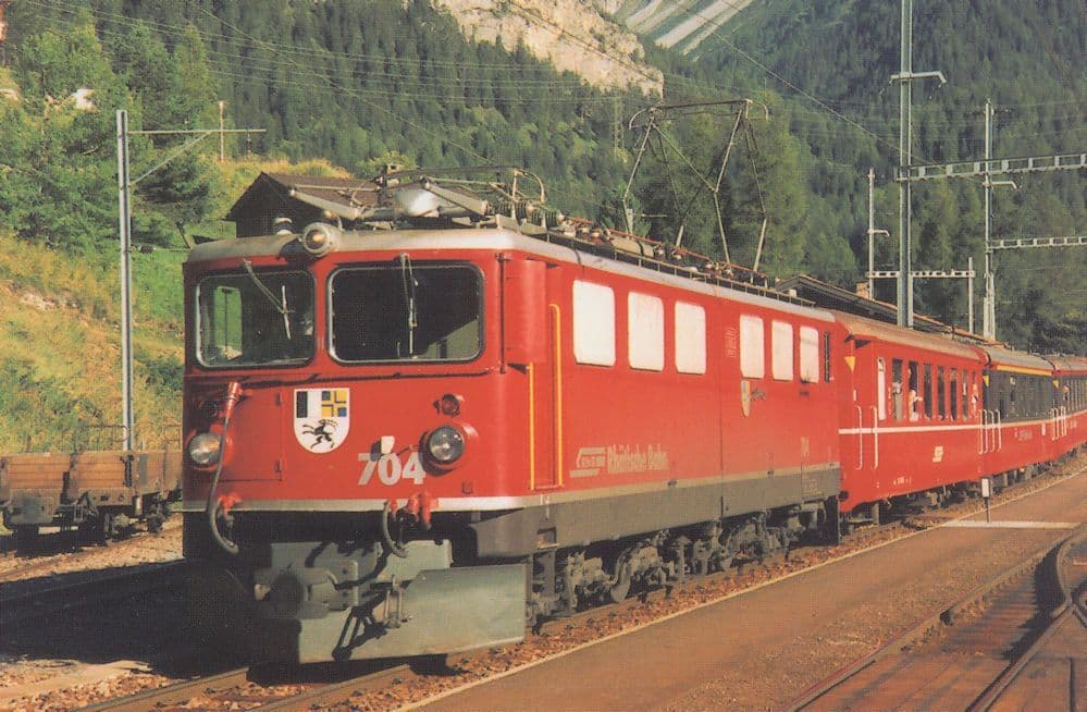 RHB 704 Davos Train Rhaetische Bahn Class at Bergun Postcard
