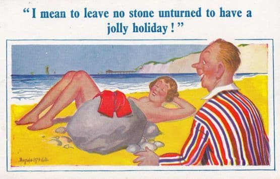 Risque Lady Sunbathing Under Giant Stone Unturned Old Comic Humour Postcard