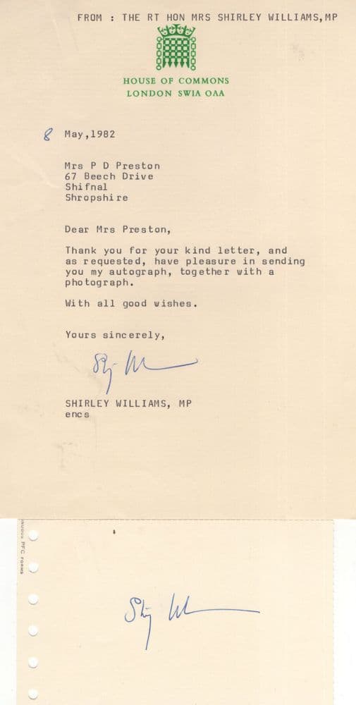 Shirley Williams 2x House Of Commons Autograph Letter & Card s