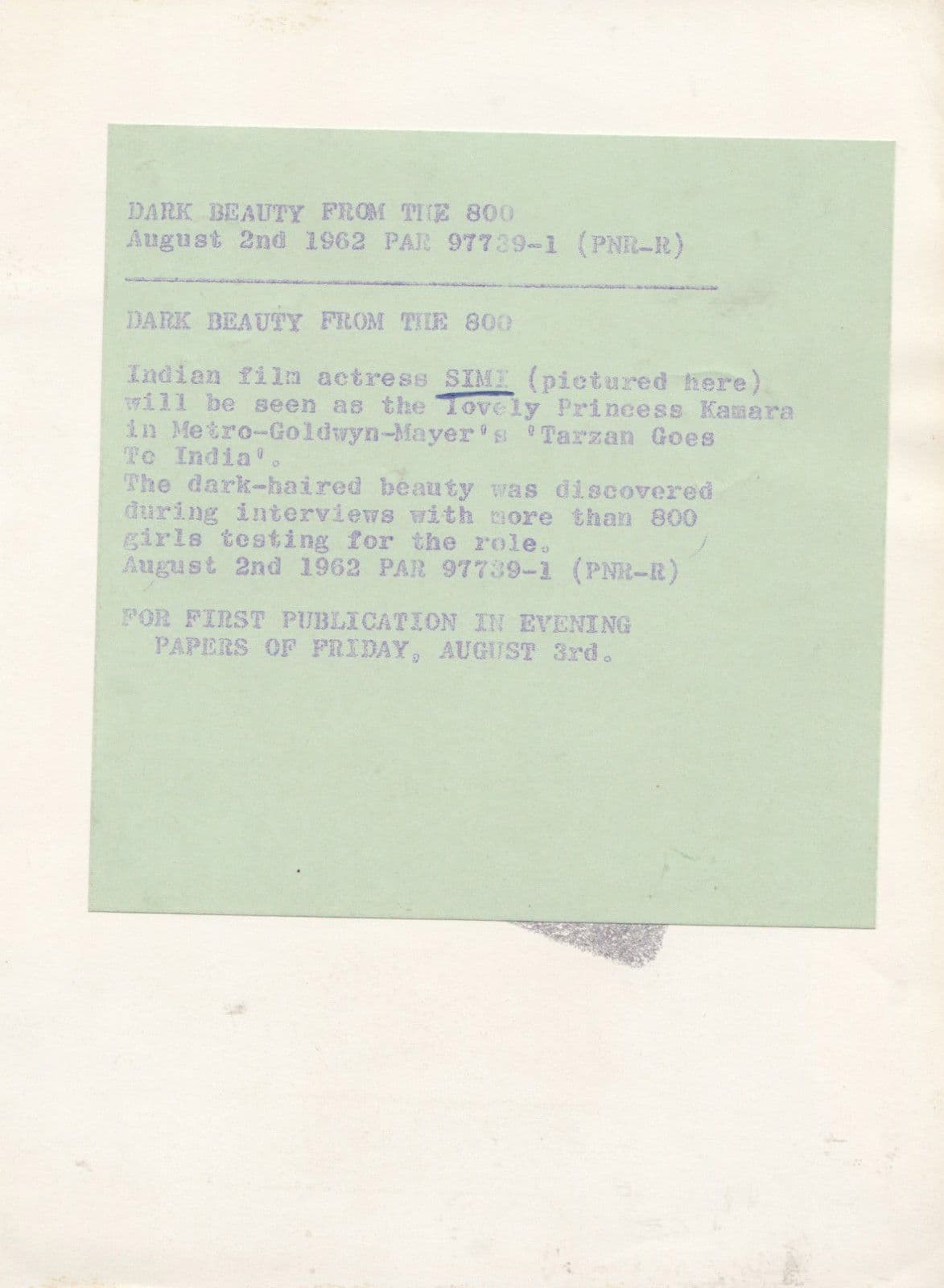 Simi Indian Actress in Tarzan Goes To India Film 1962 Rare Advance ...