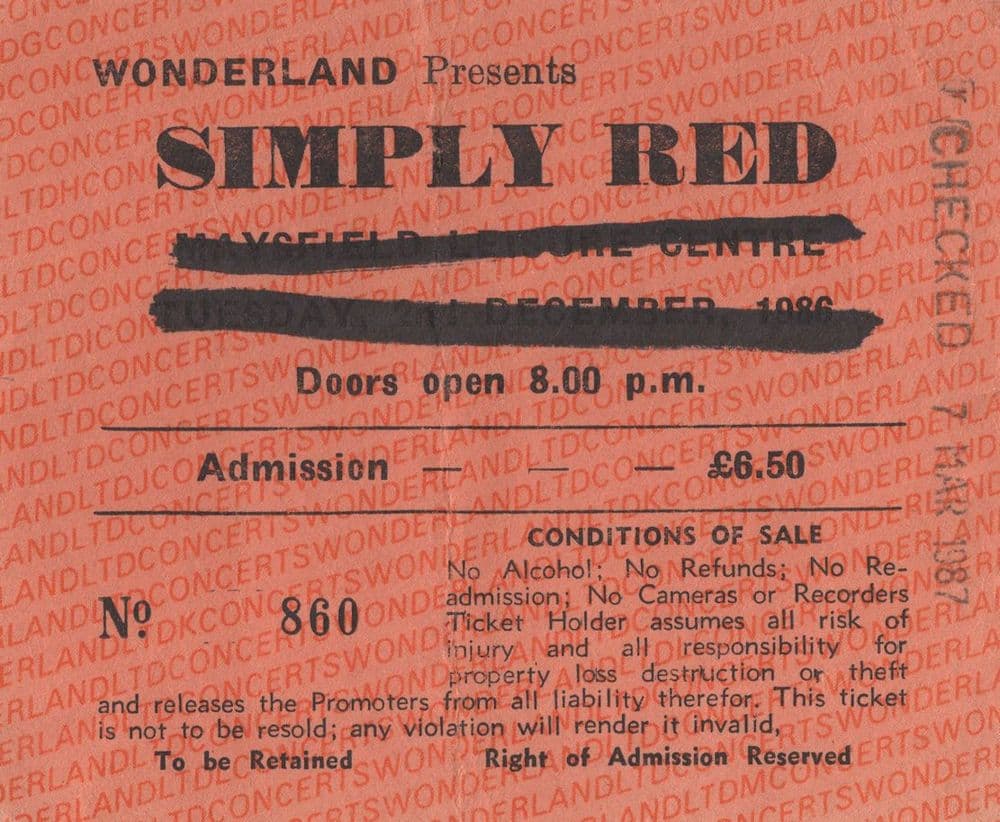 SImply Red 1986 Irish Belfast Concert Ticket