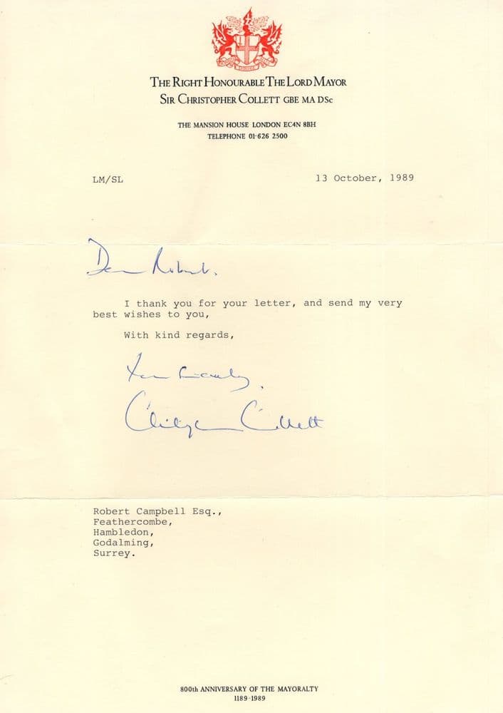 Sir Christopher Collett 1980s London Mayor Official Hand Signed Letter