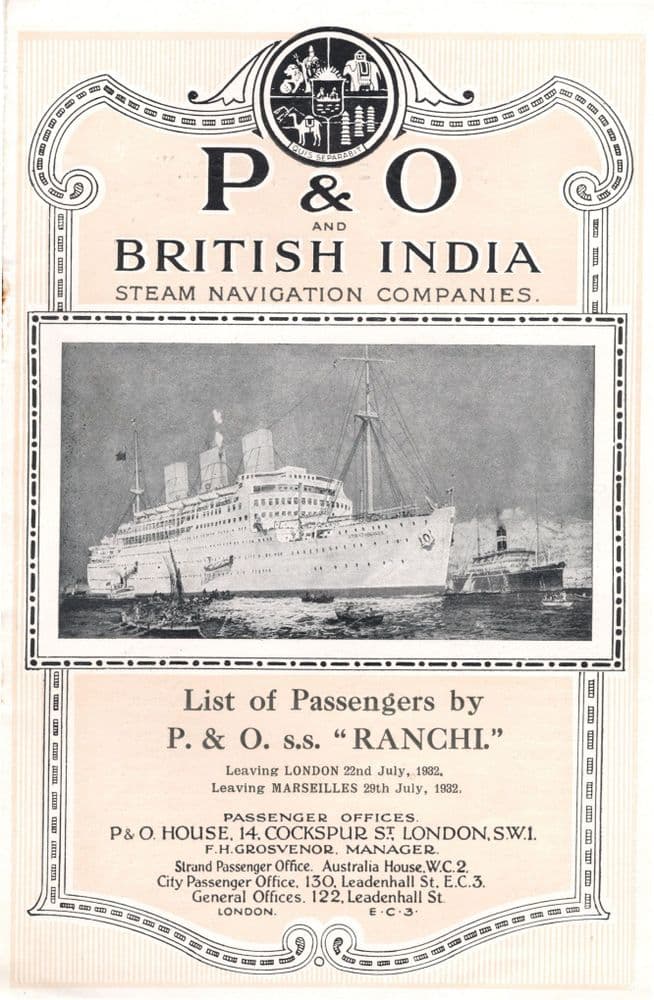 SS Ranchi P&O Indian Ship Antique Passenger List Book -let