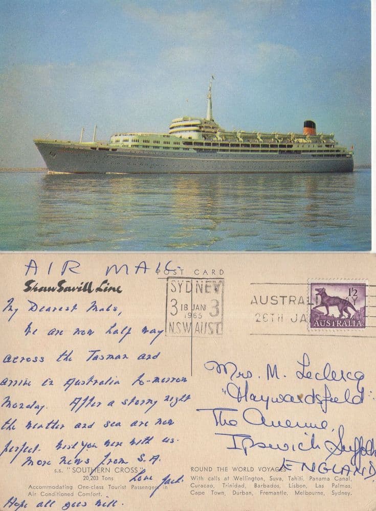 SS Southern Cross 1965 Sent On Board Ship Sydney 2x Postcard