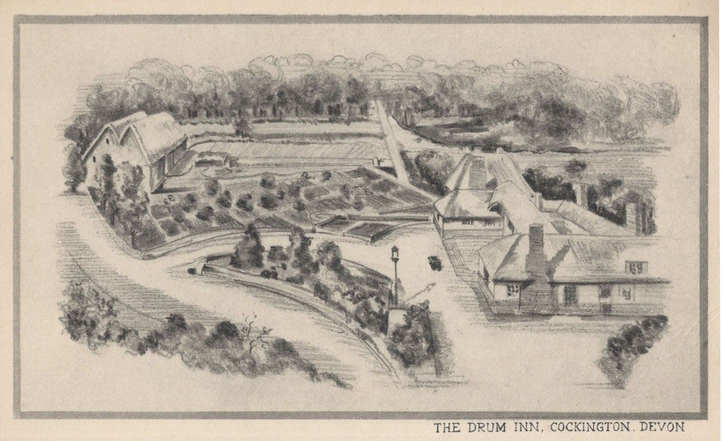 The Drum Inn Pub Cockington Devon Antique Aerial Map Postcard