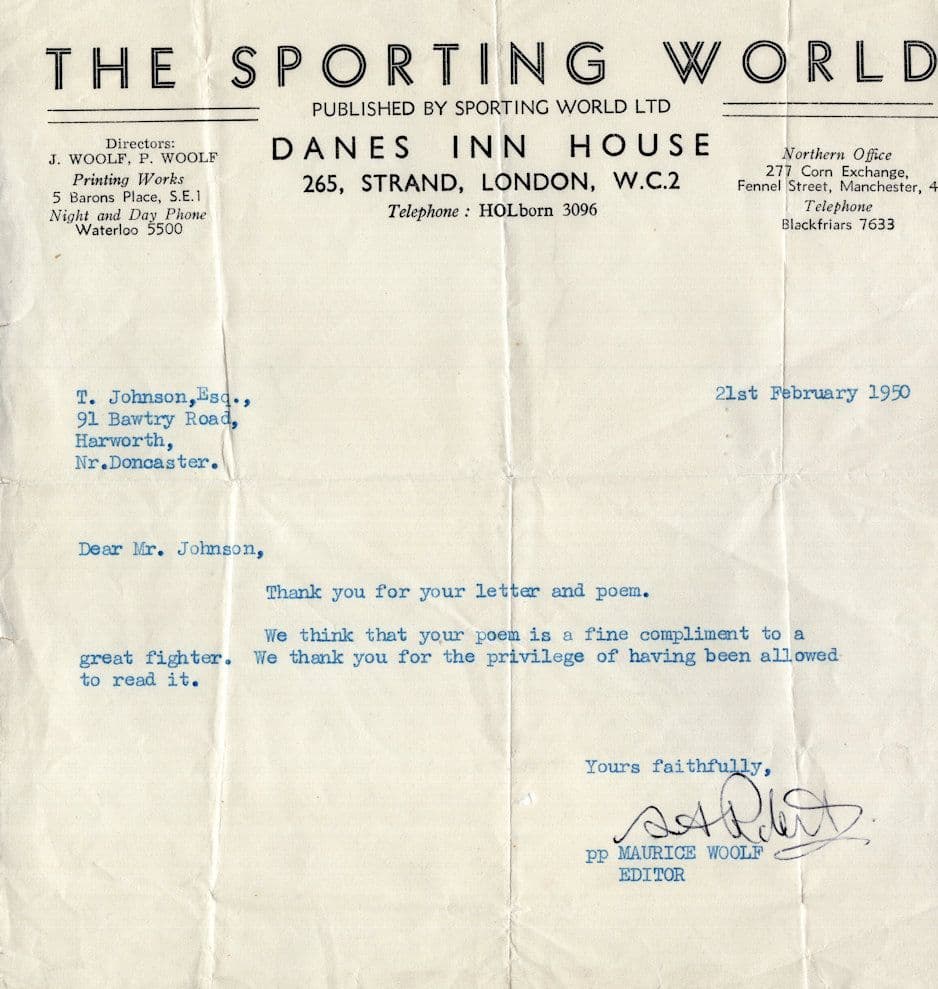 The Sporting World Newspaper 1950 Boxing Hand Signed Letter
