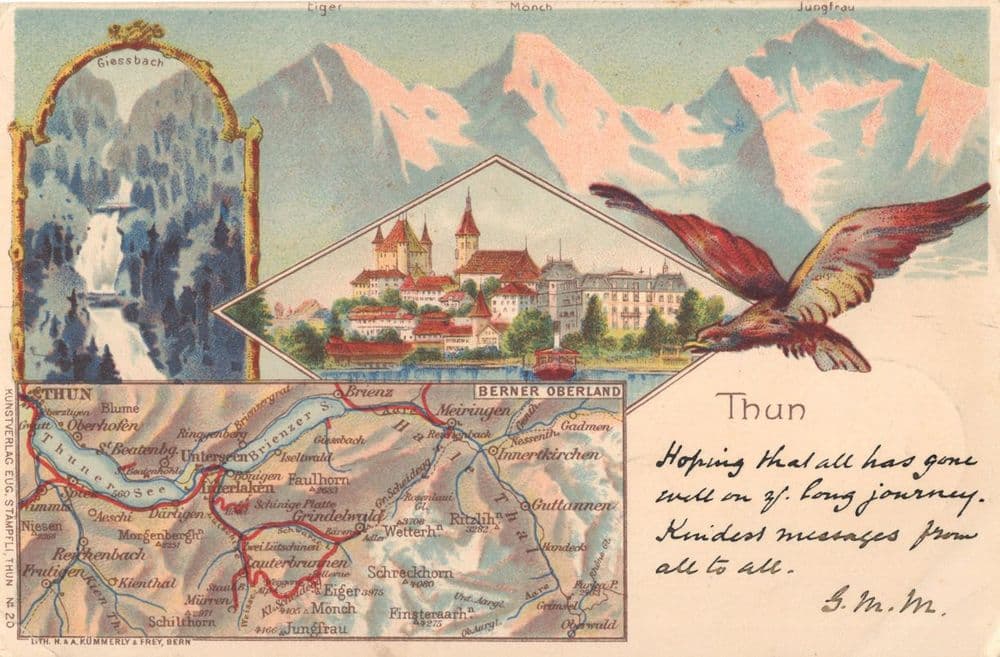 Thun Berner Oberland Antique Map Bird Gruss Aus Postcard
