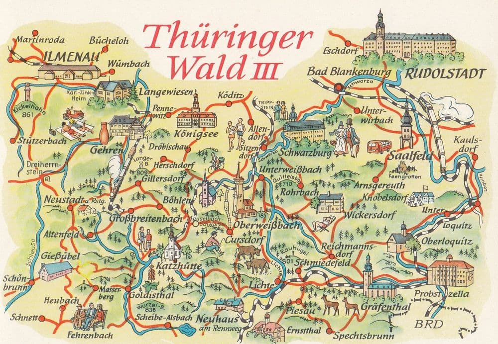Thuringian Forest Thuringer Wald Wood Eisenach German Karte Map Postcard