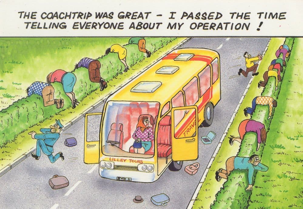 Travel Sickness On Bus Coach Multiple Vomit Comic Postcard