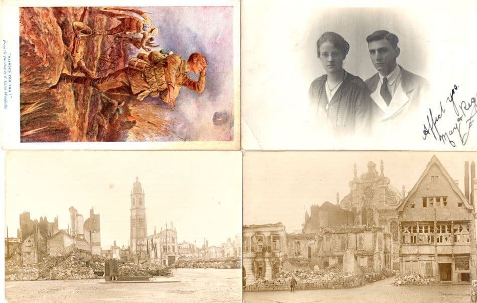 War Damage Bombing & Blinded WW1 Soldier RPC 4x War Postcard s
