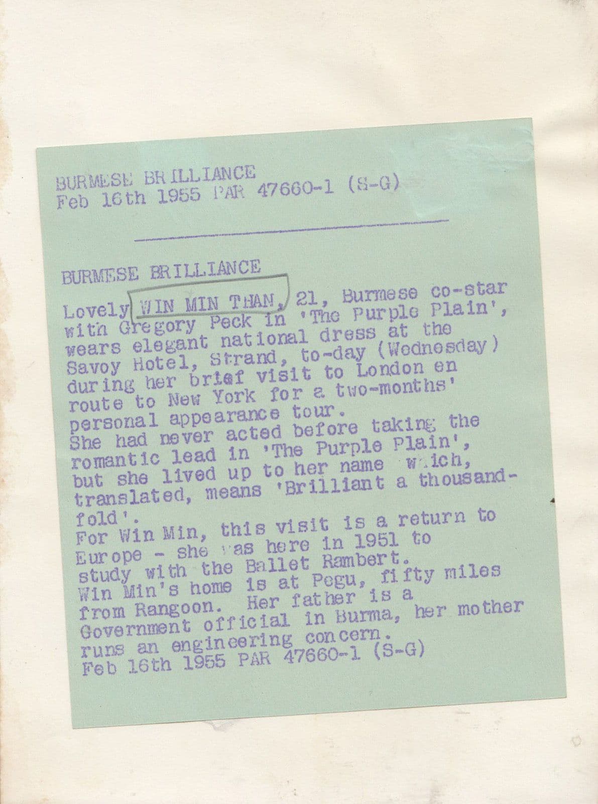 Win Min Than Burmese Actress Visits London Gregory Peck Gala 1955 Press Photo