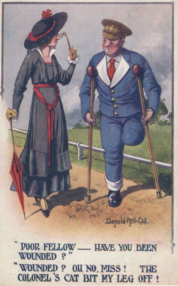 Wounded Soldier By Colonel Cat Military Donald McGill WW1 Comic Postcard