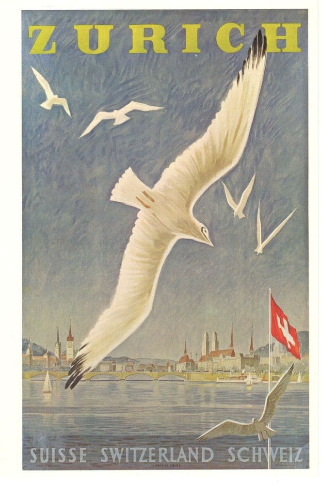 Zurich Bird Swan Swiss Flag River Verkehrsverein In WW2 Poster Postcard