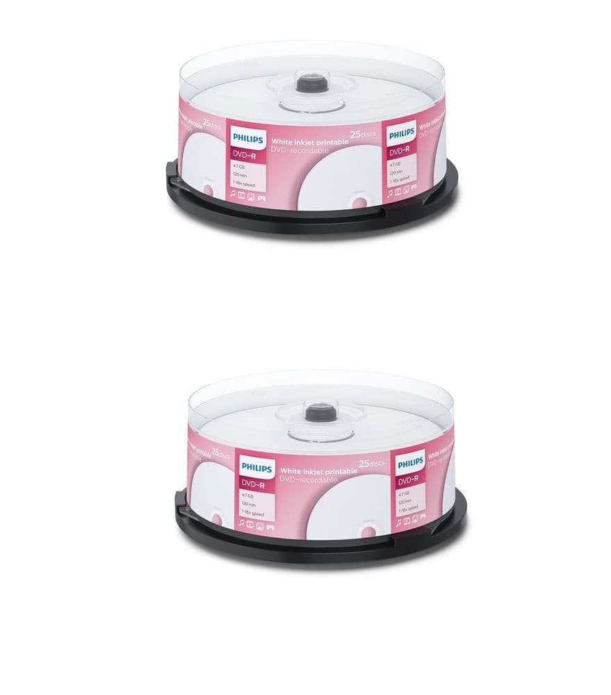 50 pack Philips DVD-R Inkjet Printable DVD Discs - Blank Recordable DVD ...