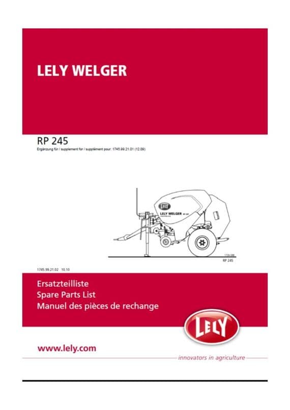 Lely Welger RP245 Parts Book Supplement 1745 99 21 02 10 10