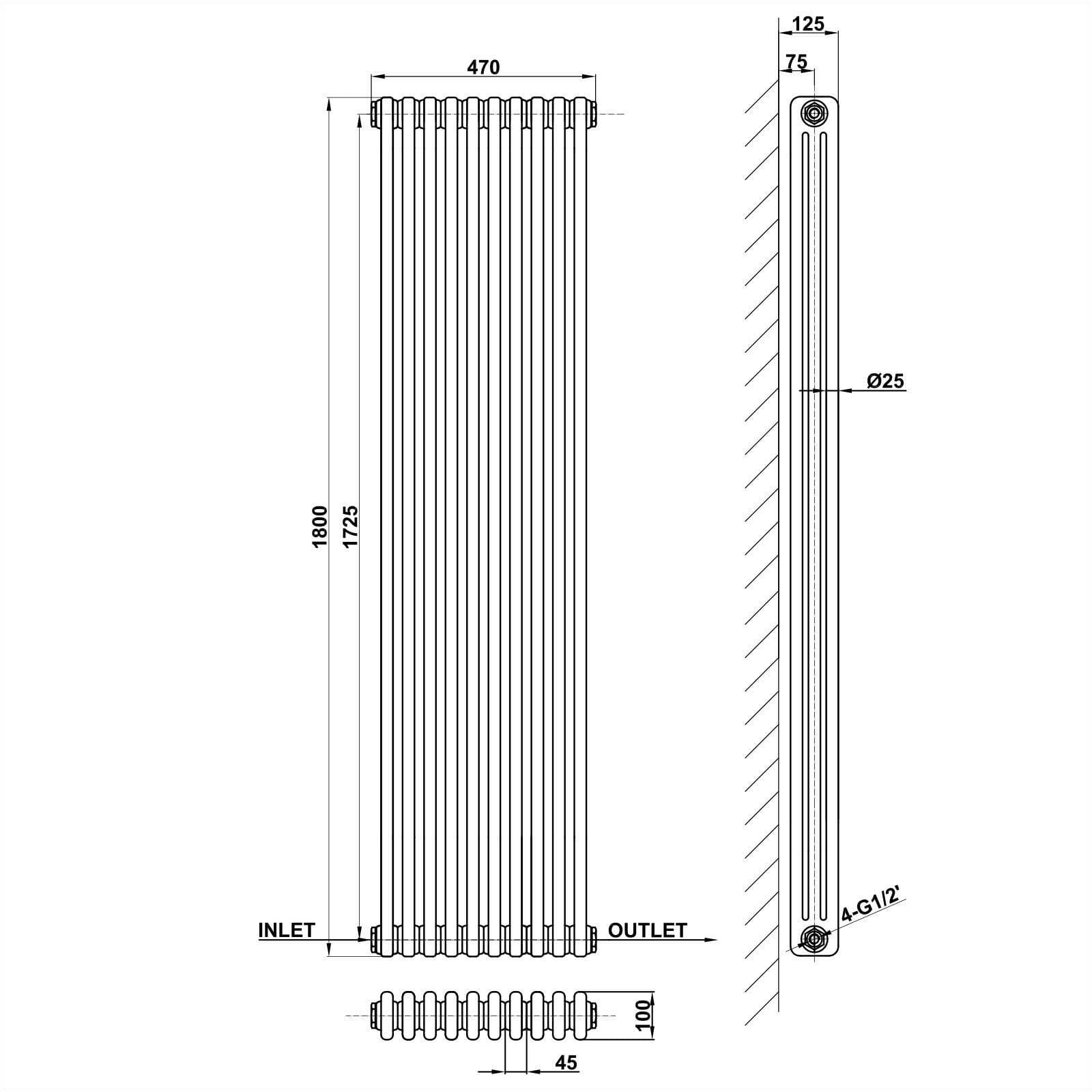 Designer Radiator - Column Vertical Triple - 1800 x 470mm - White