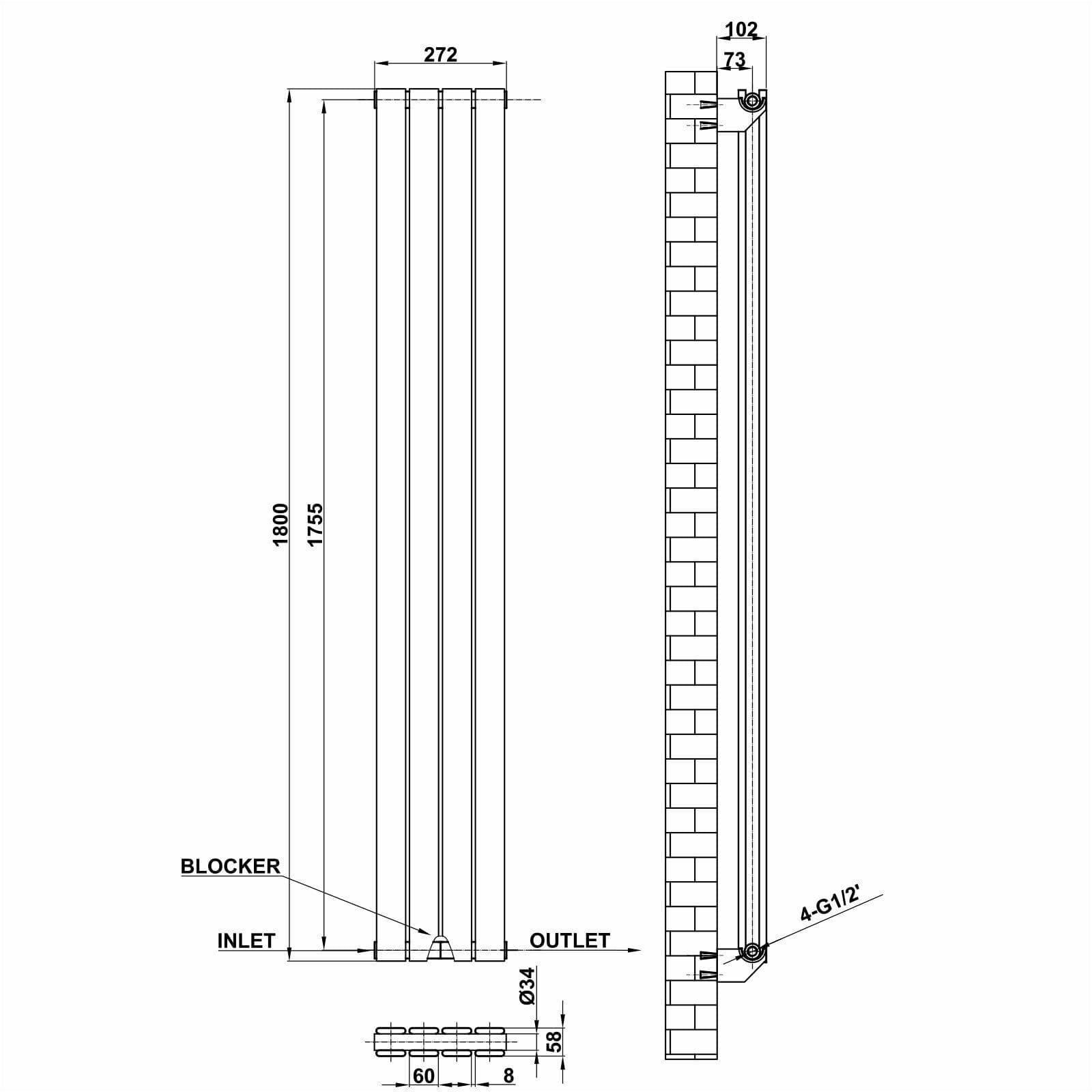 Designer Radiator - Flat Panel Vertical Double - 1800 x 272mm - White