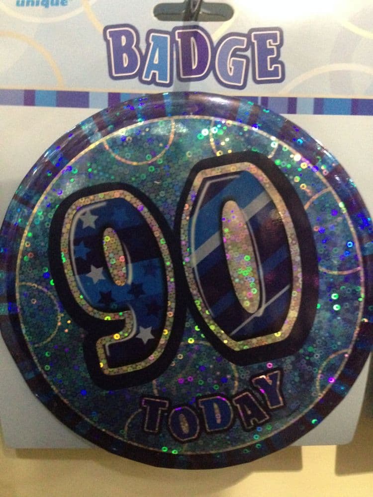 90th Birthday Blue Glitz Badge 6" Dia