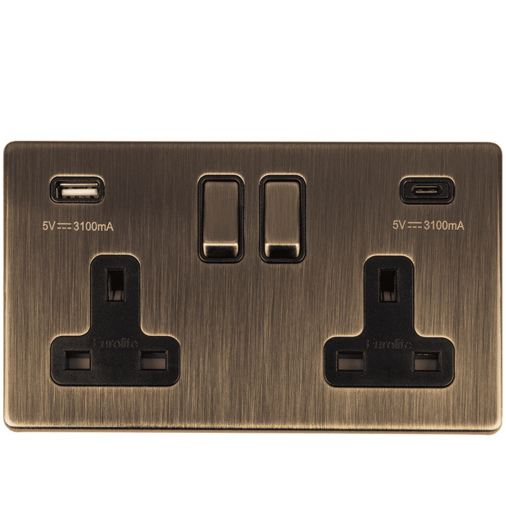 Eurolite 2 Gang Switched Socket with 2x USB Flat Concealed Antique ...