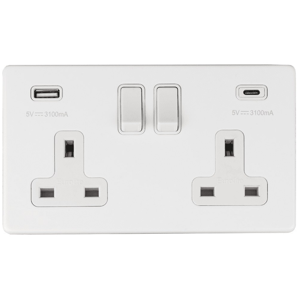 Eurolite 2 Gang Switched Socket with 2x USB Flat Concealed White Plate ...