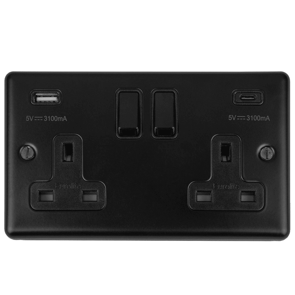 Eurolite 2 Gang Switched Socket with 2x USB Matt Black Enhance Range ...