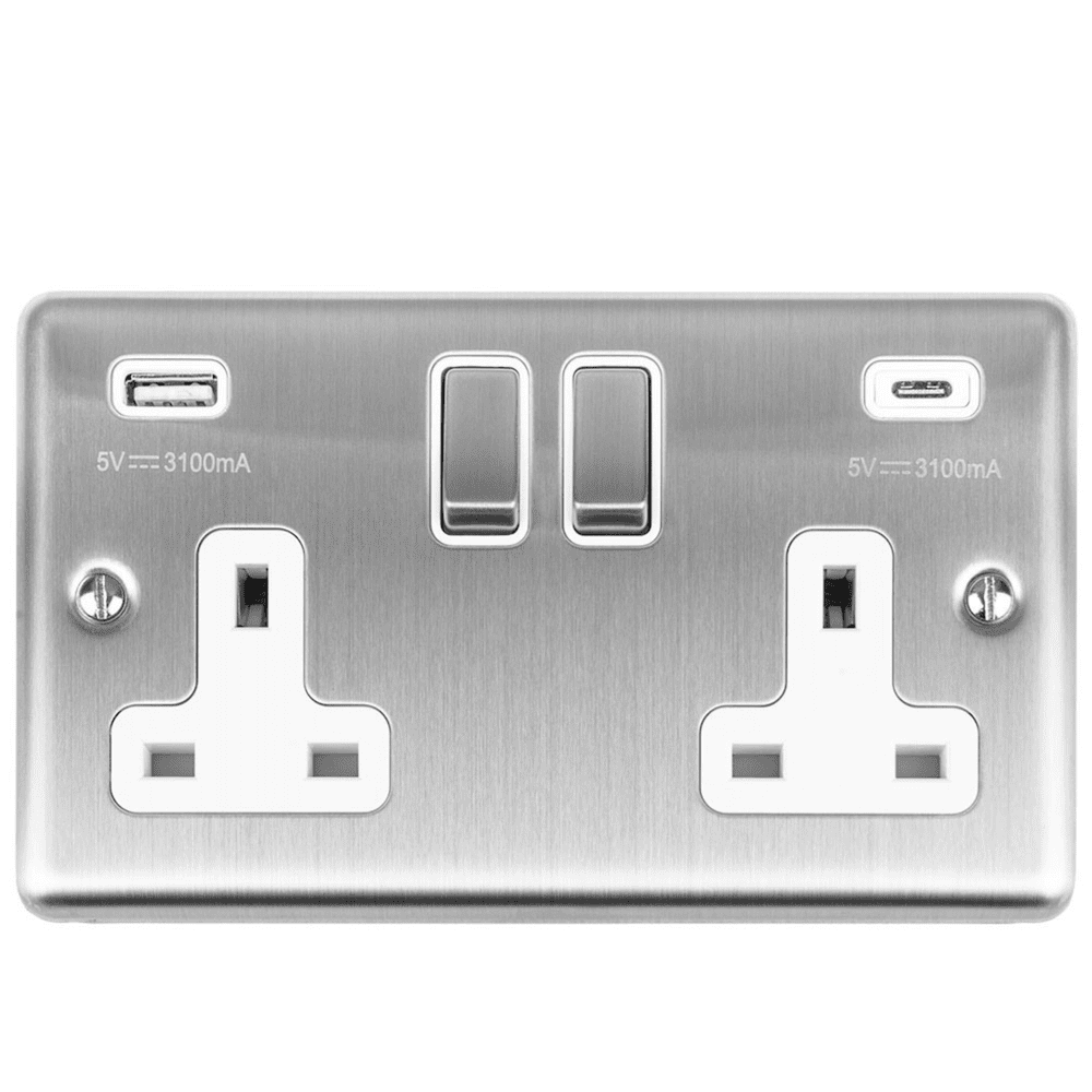 Eurolite 2 Gang Switched Socket with 2x USB Polished Chrome Enhance ...