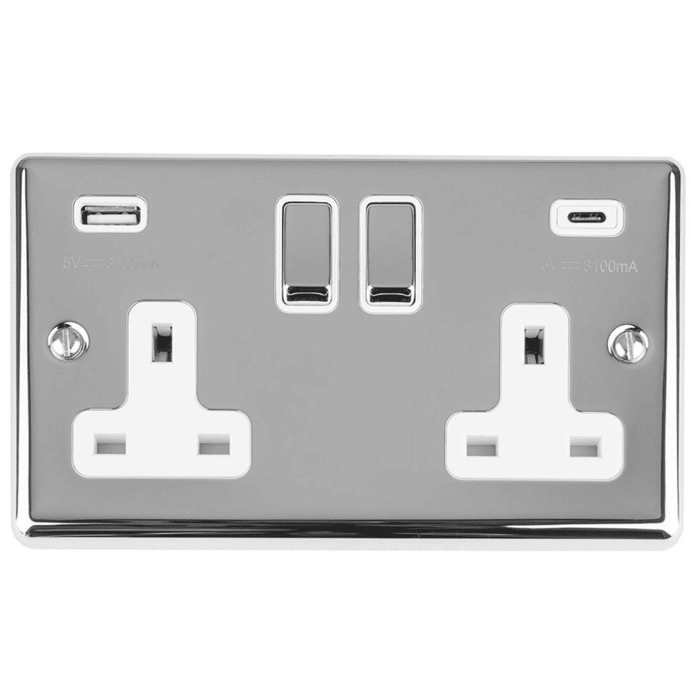 Eurolite 2 Gang Switched Socket with 2x USB Satin Enhance Range White Trim