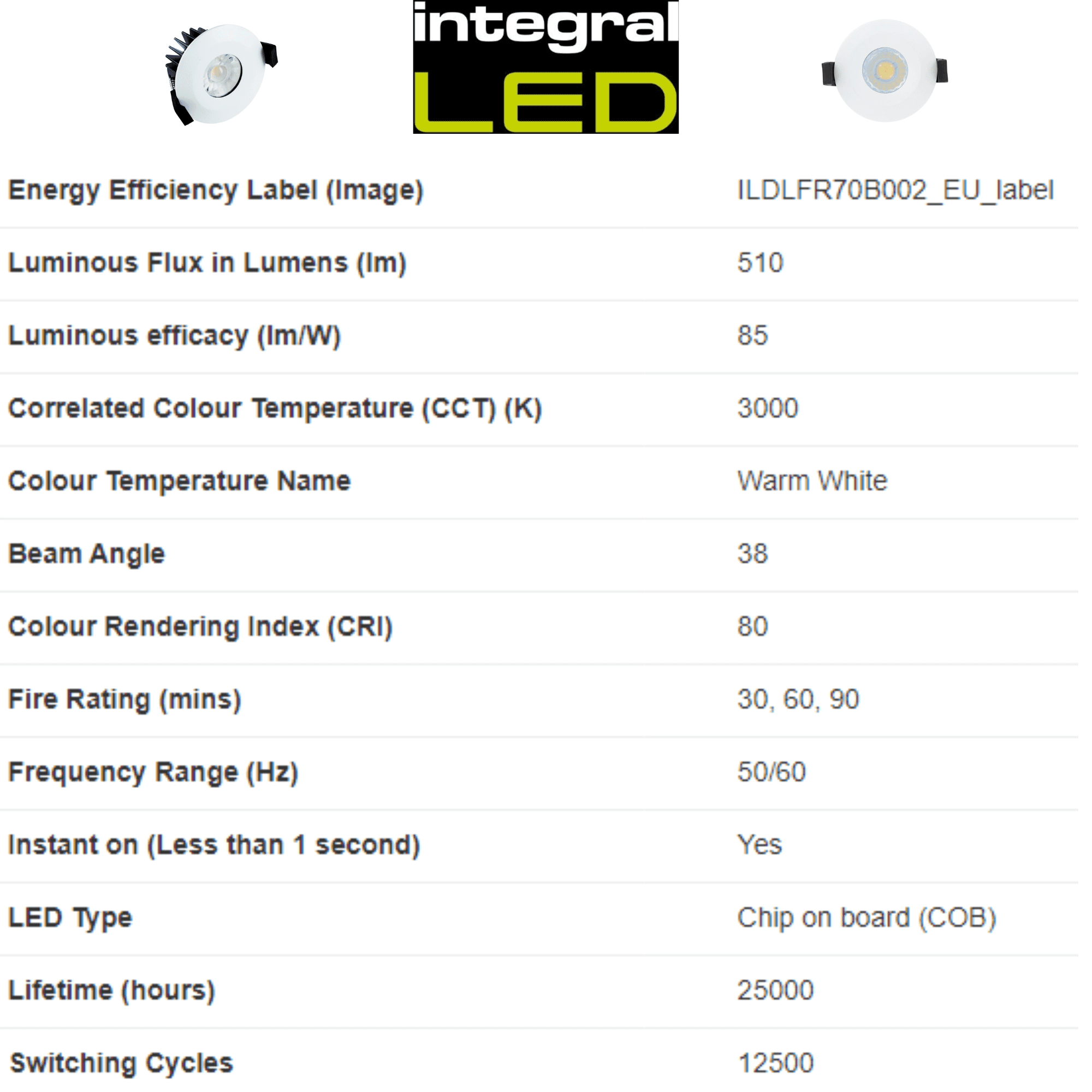 Integral LED 6W Low Profile Fire Rated LED Downlight 70-75mm Cut Out ...