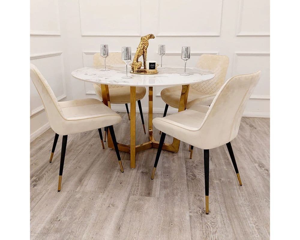 Porto Gold Round Dining Table with Sintered Stone Top & 4 Chairs Set