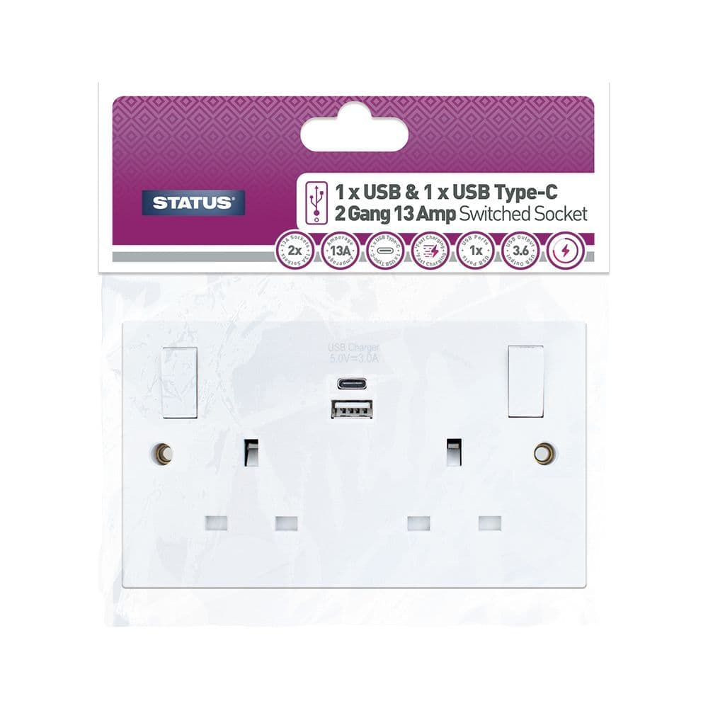 Status 13A 2 Gang Switched Wall Socket With 2 x USB A/C Sockets