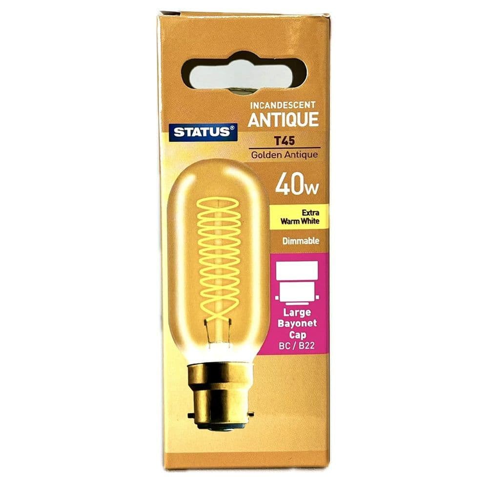 Status 40W BC T45 Antique Tubular Incandescent Light Bulb EXTRA WARM WHITE