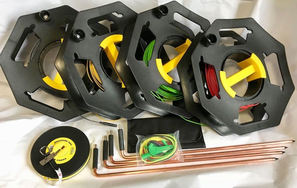 Earthing Spike Test Kit 4 spikes 4 reels Wenner Soil Resistivity 30m Tape