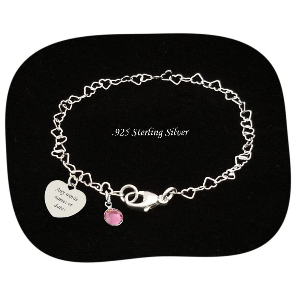 925 Sterling Silver Chain and Birthstone Bracelet, Engraving on Heart ...