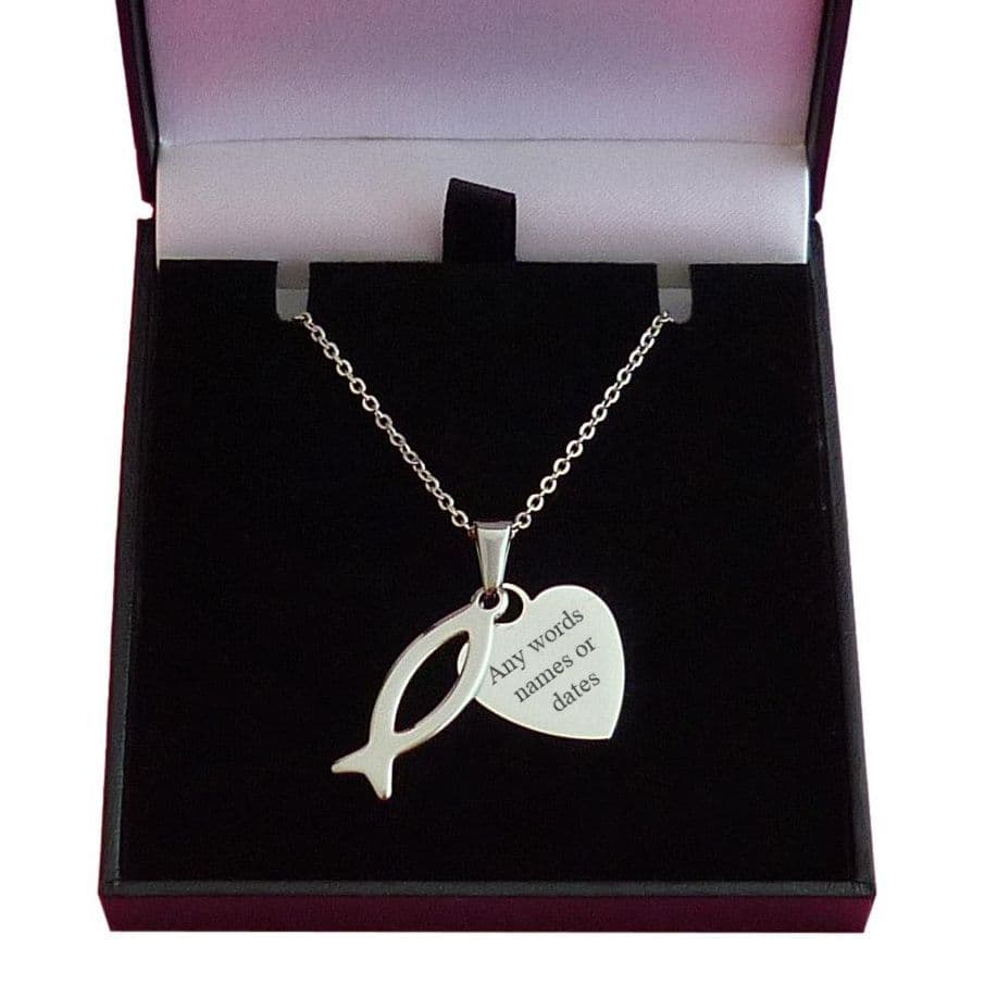 Ichthus Fish Pendant with Engraved Heart, Gift Boxed | Charming Engraving