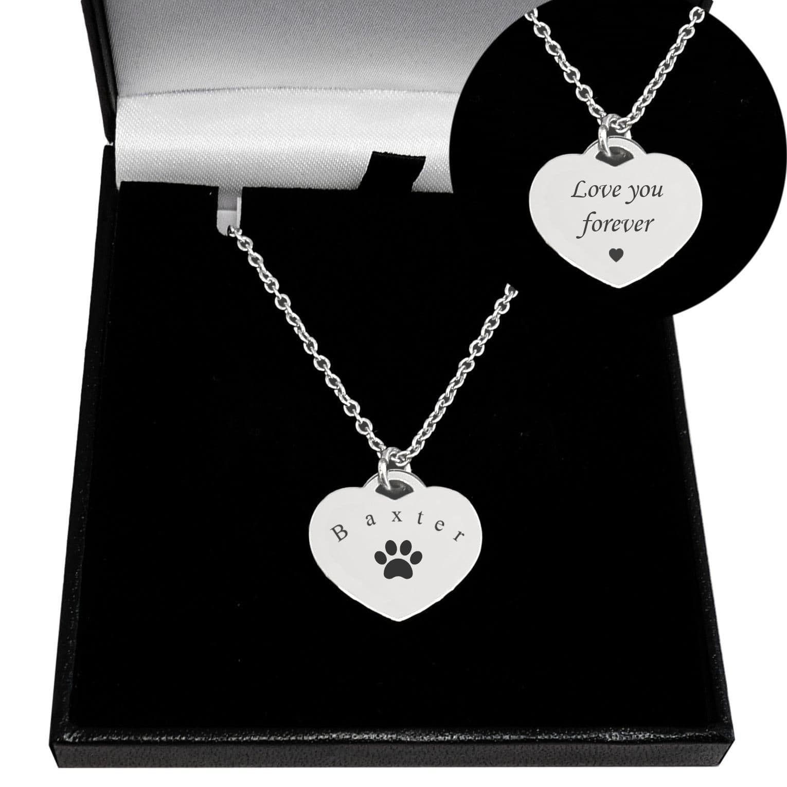 Pet Loss or Sympathy Gift Engraved Paw Heart Necklace for Cat or Dog Lover