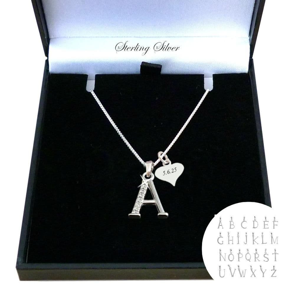 Sterling Silver Letter Pendant with Engraved Heart Tag | Charming Engraving