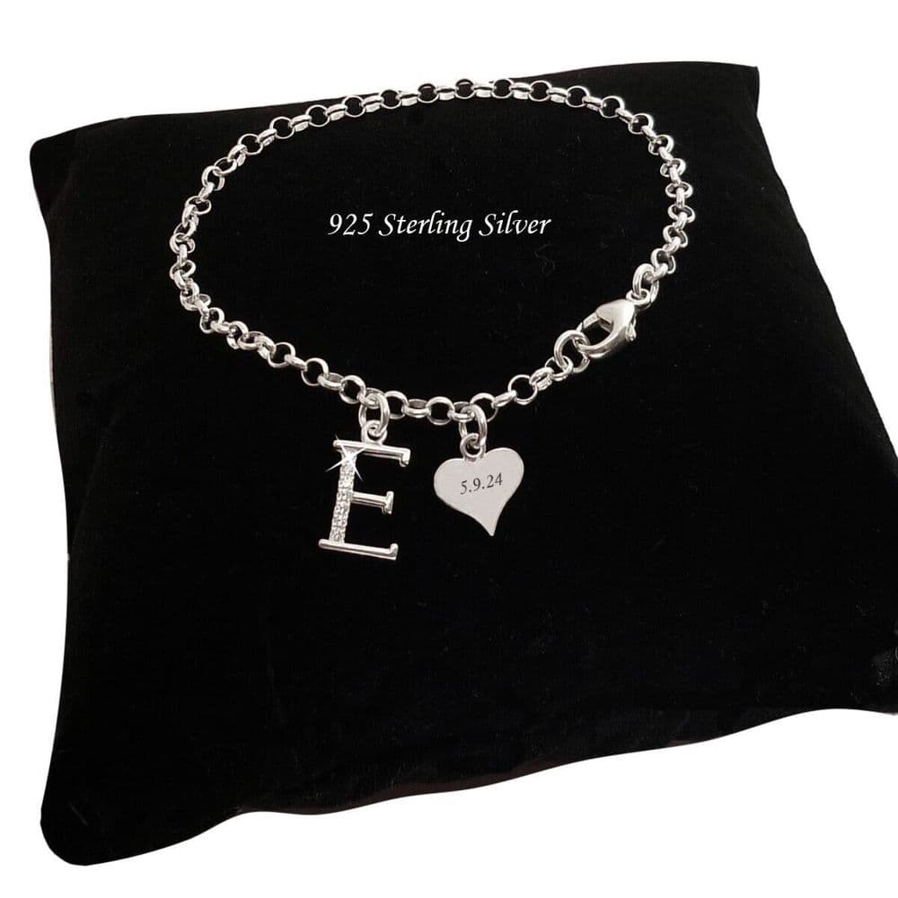 Sterling Silver Rolo Charm Bracelet, Personalised, Engraved Tag and ...