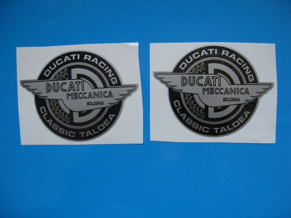 DUCATI MECCANICA Classic Motorcycle Black/Silver stickers/decals x 2