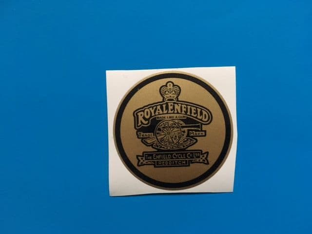 ROYAL ENFIELD GUN round gold sticker/decal x1