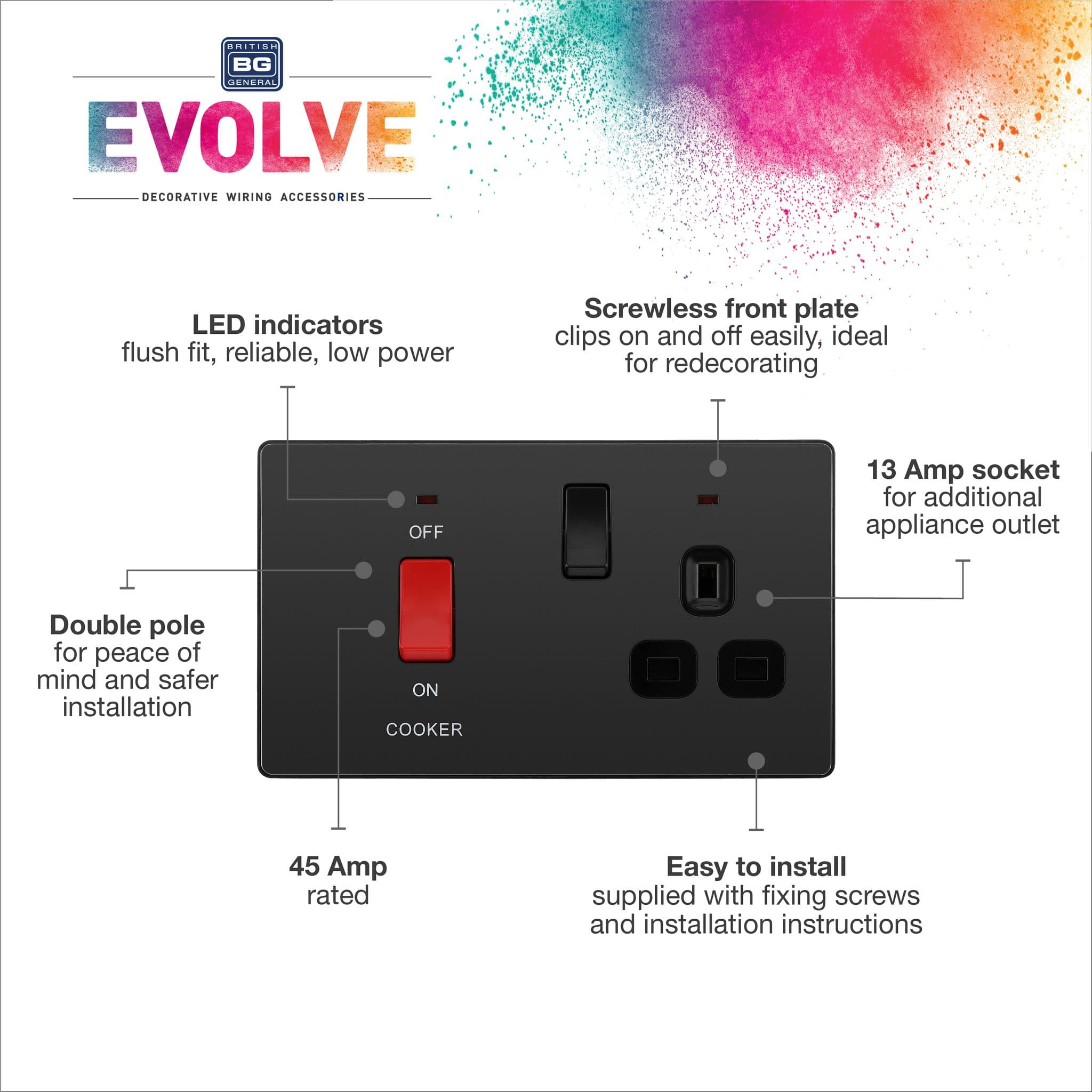 BG Evolve PCDBC70B Black Chrome 45A Cooker Control Unit With 13A Socket ...