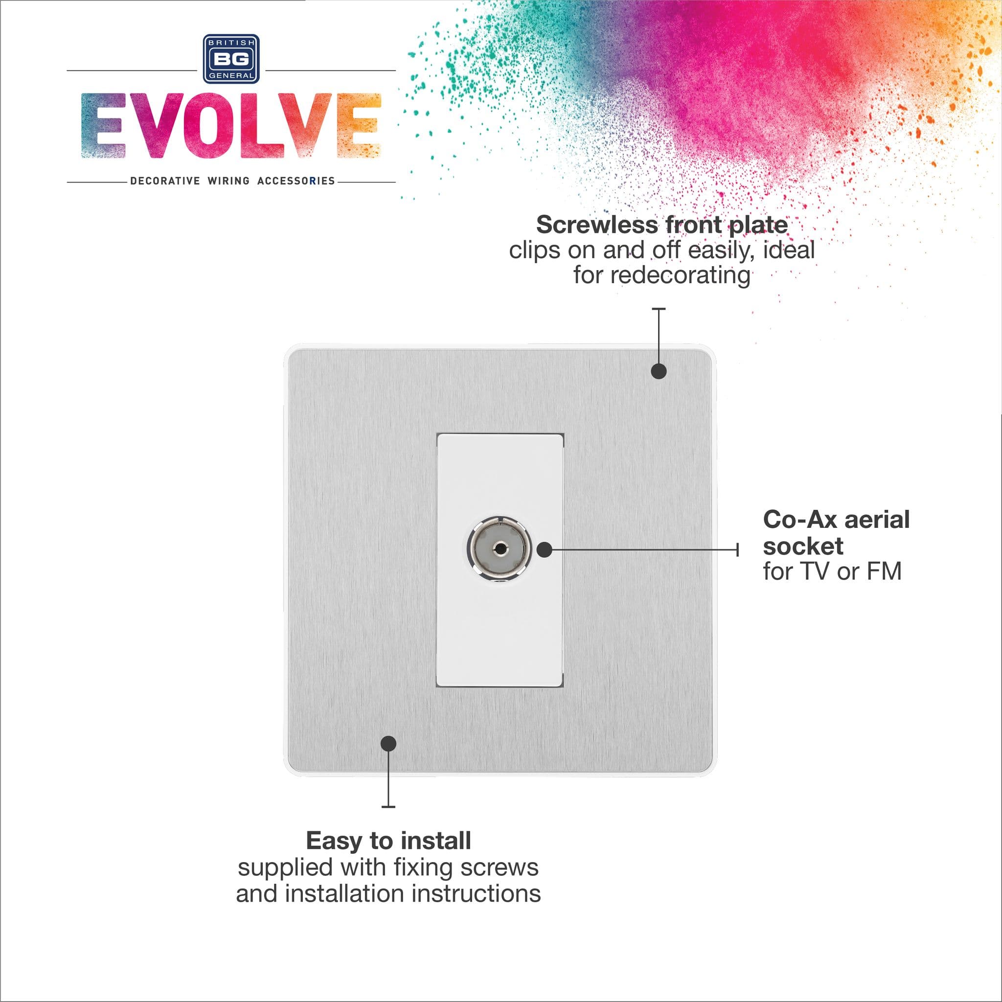 BG Evolve PCDBS60W Brushed Steel Single Co-Ax Aerial Socket for TV or FM