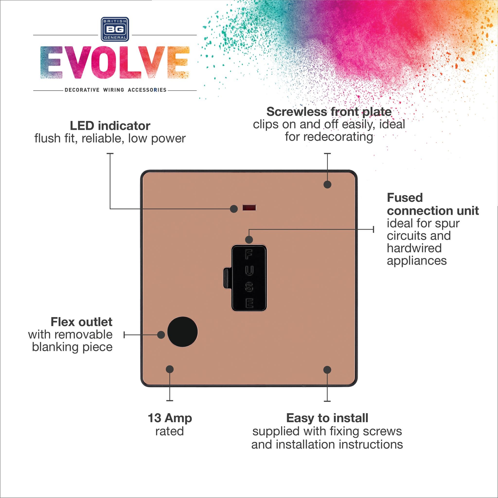 BG Evolve PCDCP54B Polished Copper 13A Unswitched Fused Connection Unit