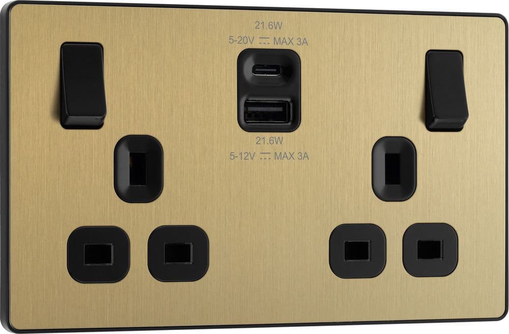 BG Evolve PCDSB22UAC22B Satin Brass Double Switched 13A Power Socket ...