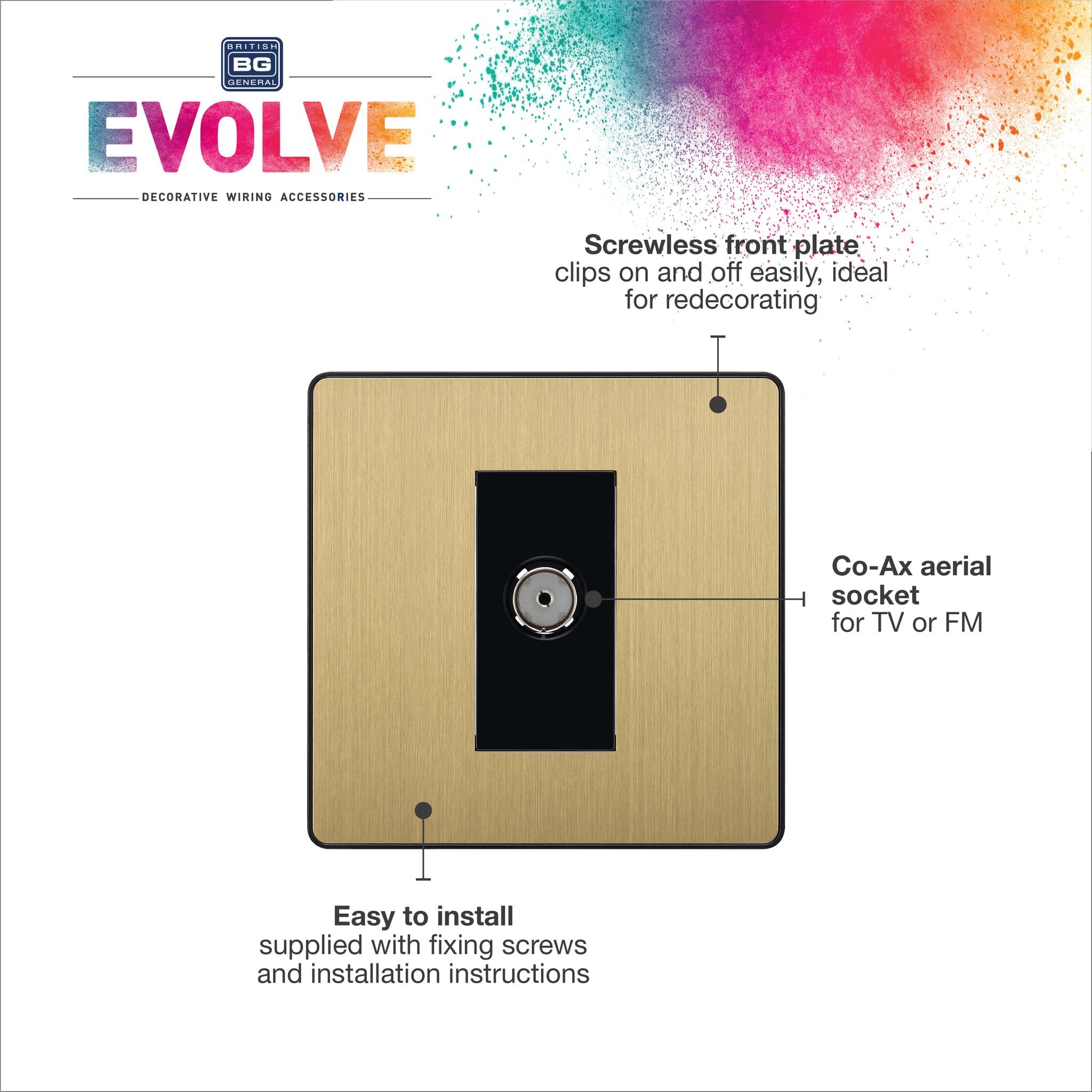 BG Evolve PCDSB60B Satin Brass Single Co-Ax Aerial Socket for TV or FM